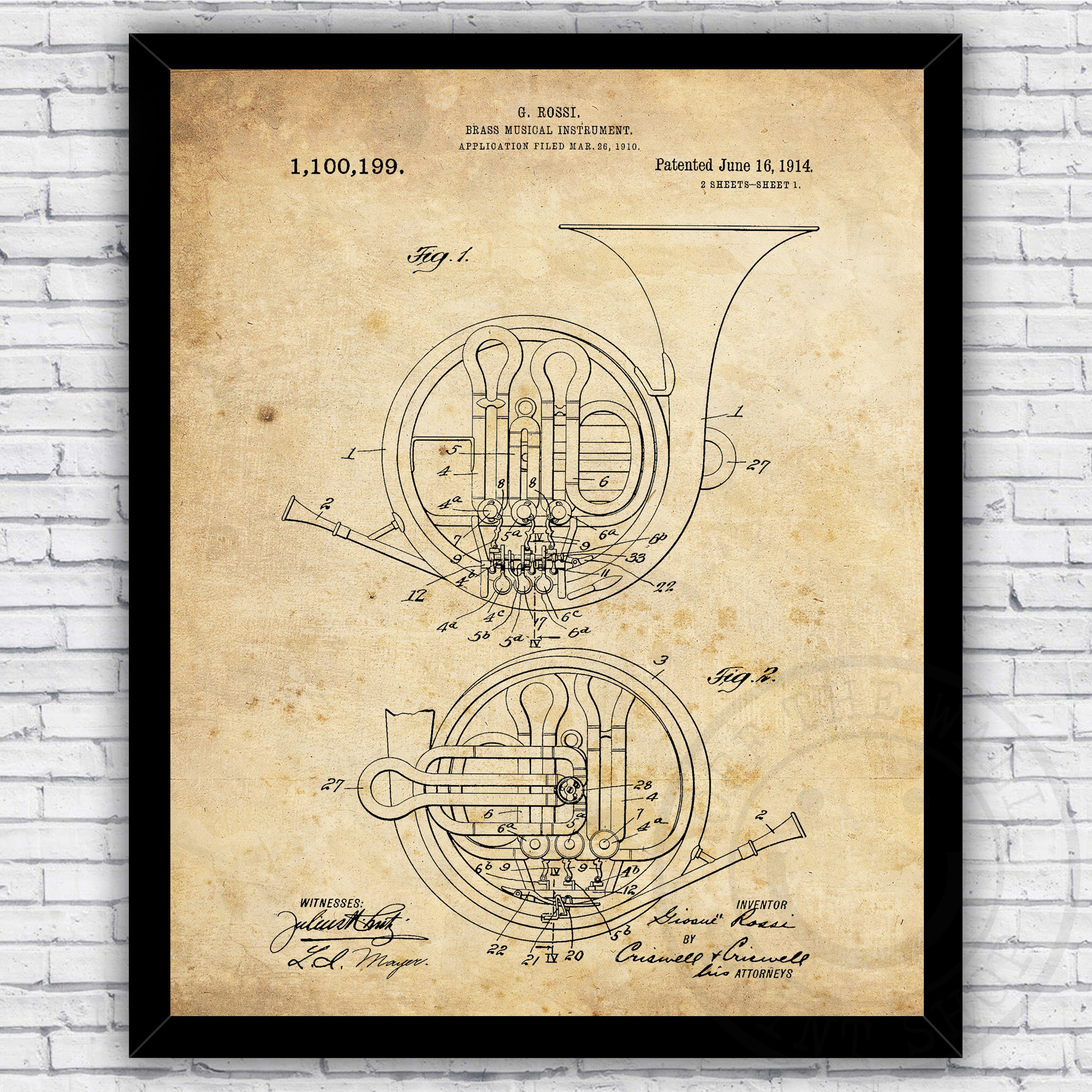 French Horn Brass Musical Patent Instrument Blueprint Wall - Etsy