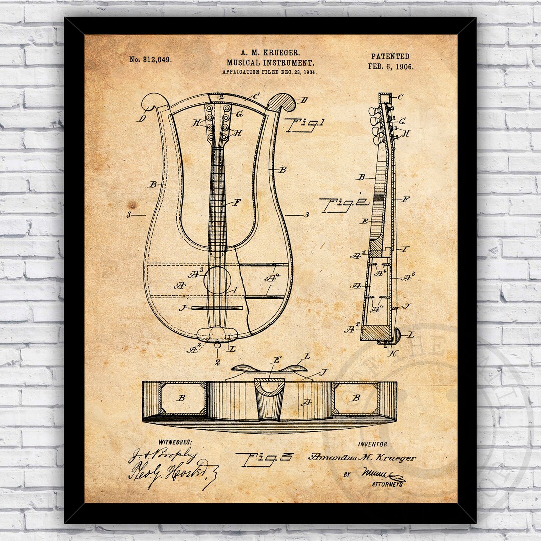 Lyre String Instrument Patent Blueprint - Wall Art Print Decor - Size ...