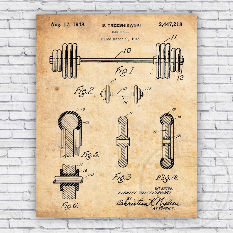 Barbell Weight Lifting Patent Blueprint - Wall Art Print Decor - Size ...