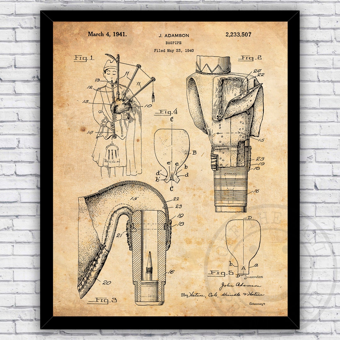 Bagpipes Patent Blueprint - Wall Art Print Decor - Size and Frame ...