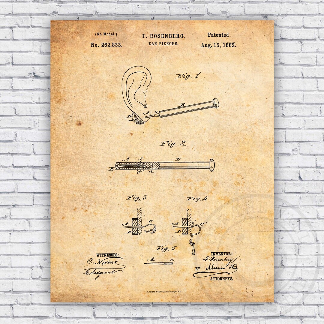 Ear Piercing Patent Blueprint - Wall Art Print Decor - Size Options - Etsy