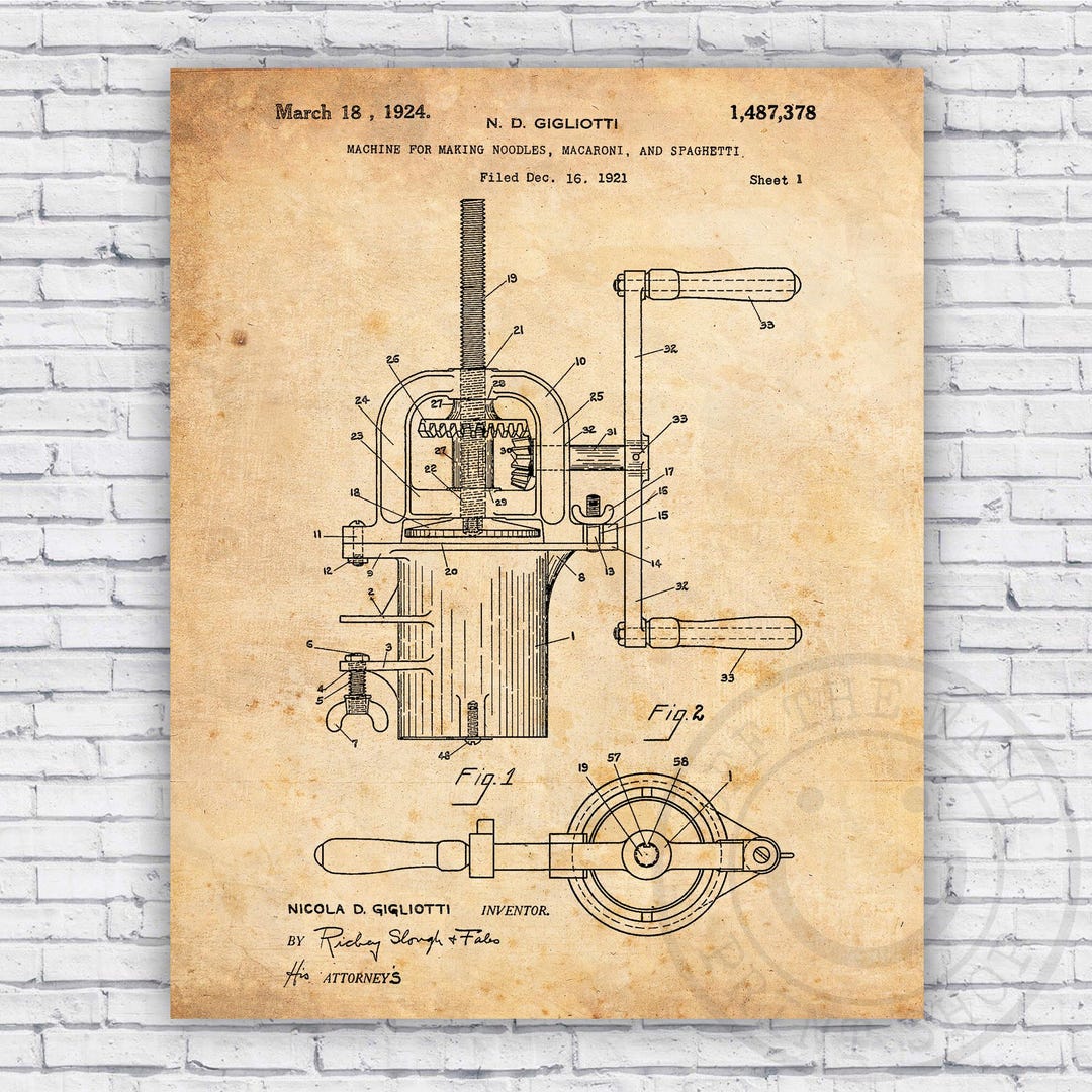 Pasta Maker Patent Blueprint - Wall Art Print Decor - Size Options - Etsy