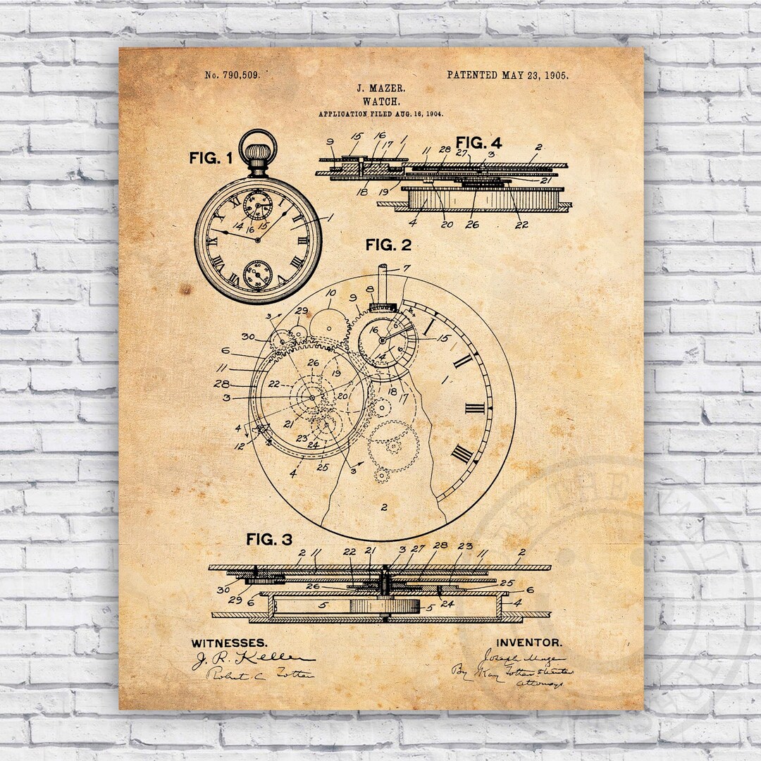 Pocket Watch Patent Blueprint - Wall Art Print Decor - Size Options - Etsy