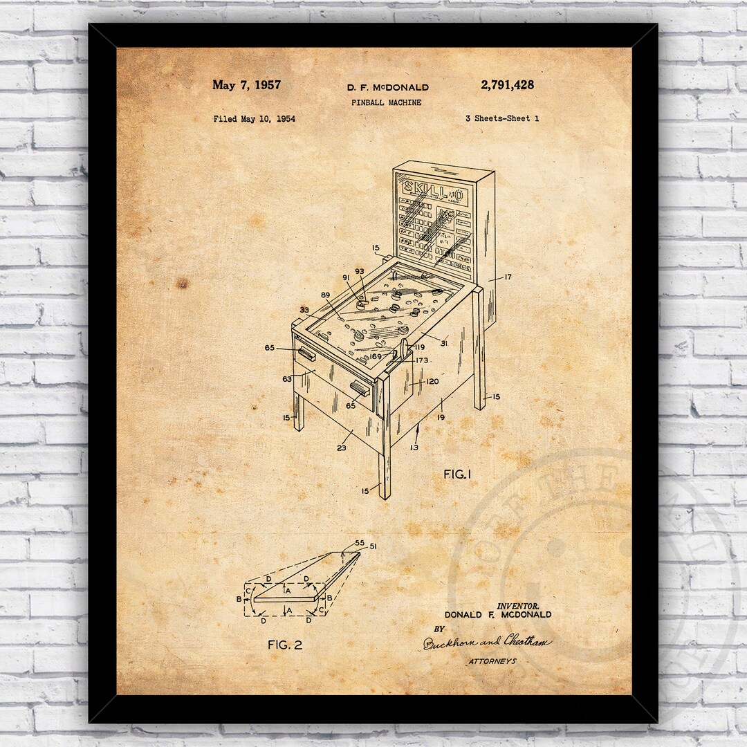 Pinball Machine Arcade Game Patent Blueprint Wall Art Print Decor Size ...