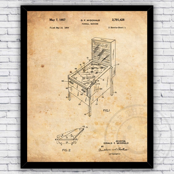 Pinball Machine Arcade Game Patent Blueprint Wall Art Print | Etsy