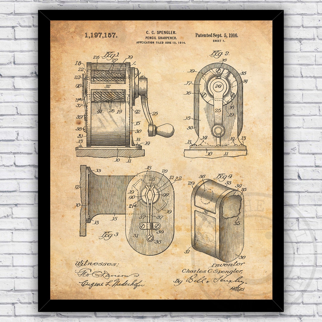 Pencil Sharpener Patent Blueprint Wall Art Print Decor Size and Frame ...