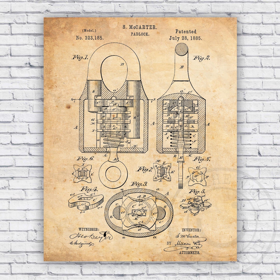 Padlock Patent Blueprint - Wall Art Print Decor - Size Options - Etsy