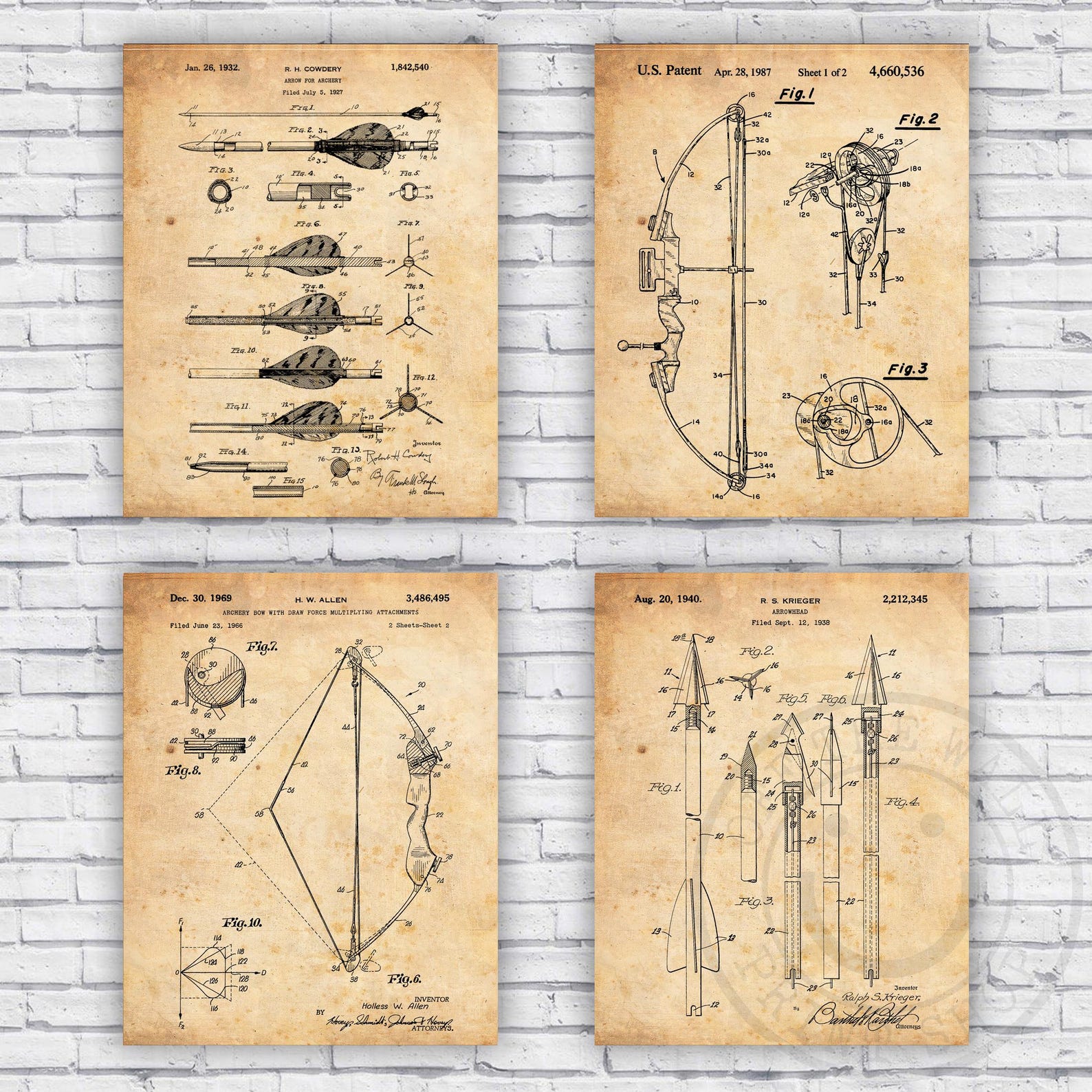 Archery Bows Arrows Outdoorsman Sports Patents Four Pack - Wall Art ...