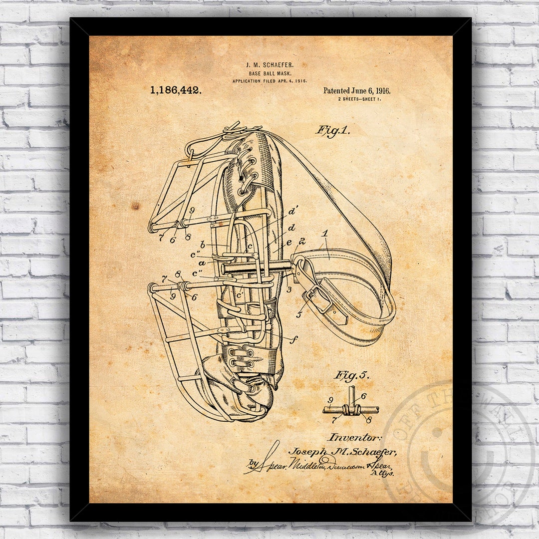 Baseball Catcher Umpire Mask Patent Blueprint Wall Art Print Decor ...