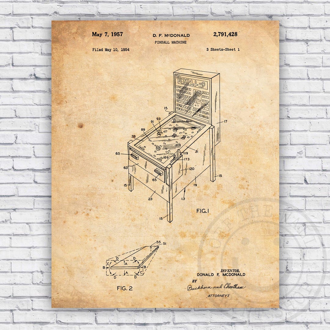 Pinball Machine Patent Blueprint - Wall Art Print Decor - Size Options ...