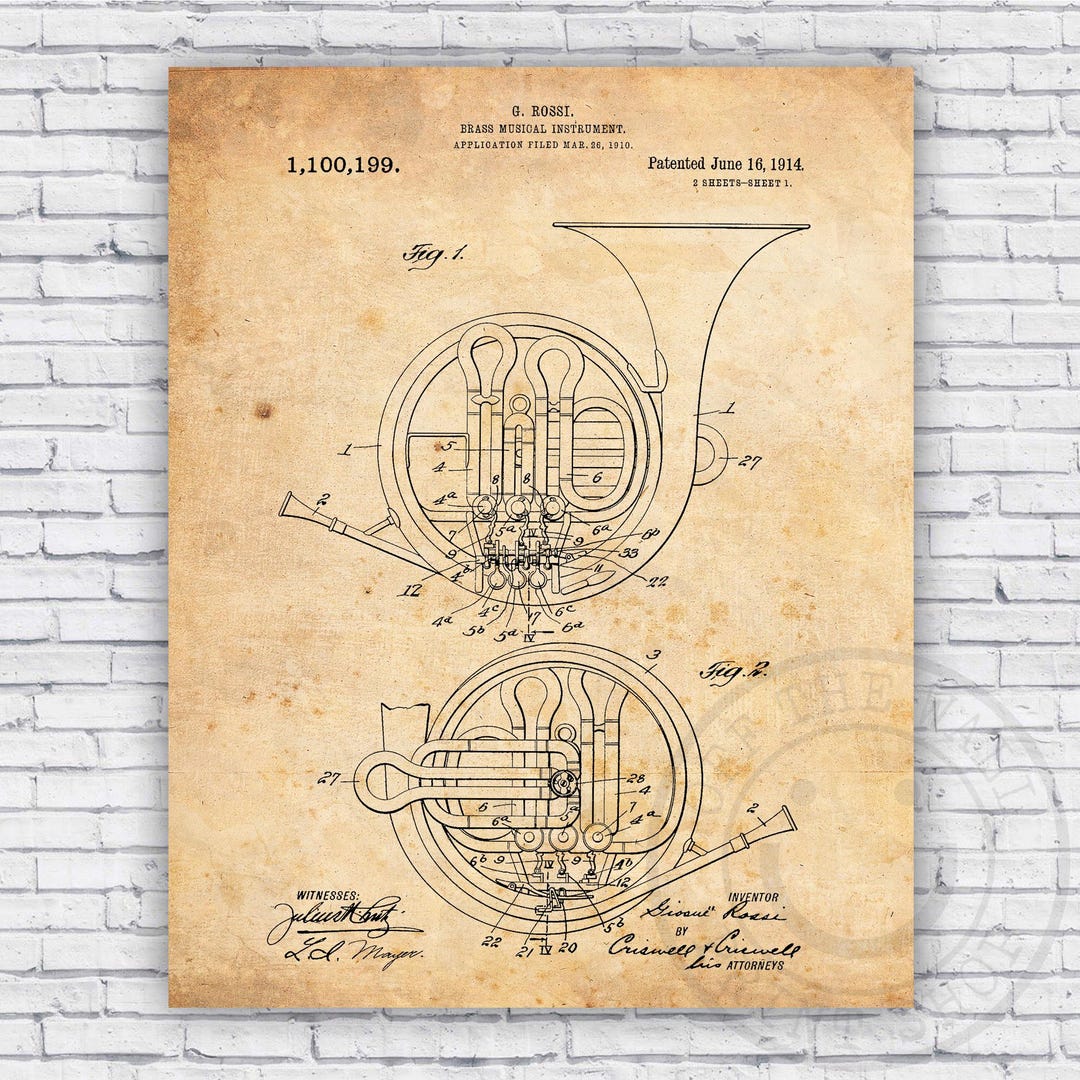 French Horn Brass Musical Patent Instrument Blueprint - Wall Art Print ...