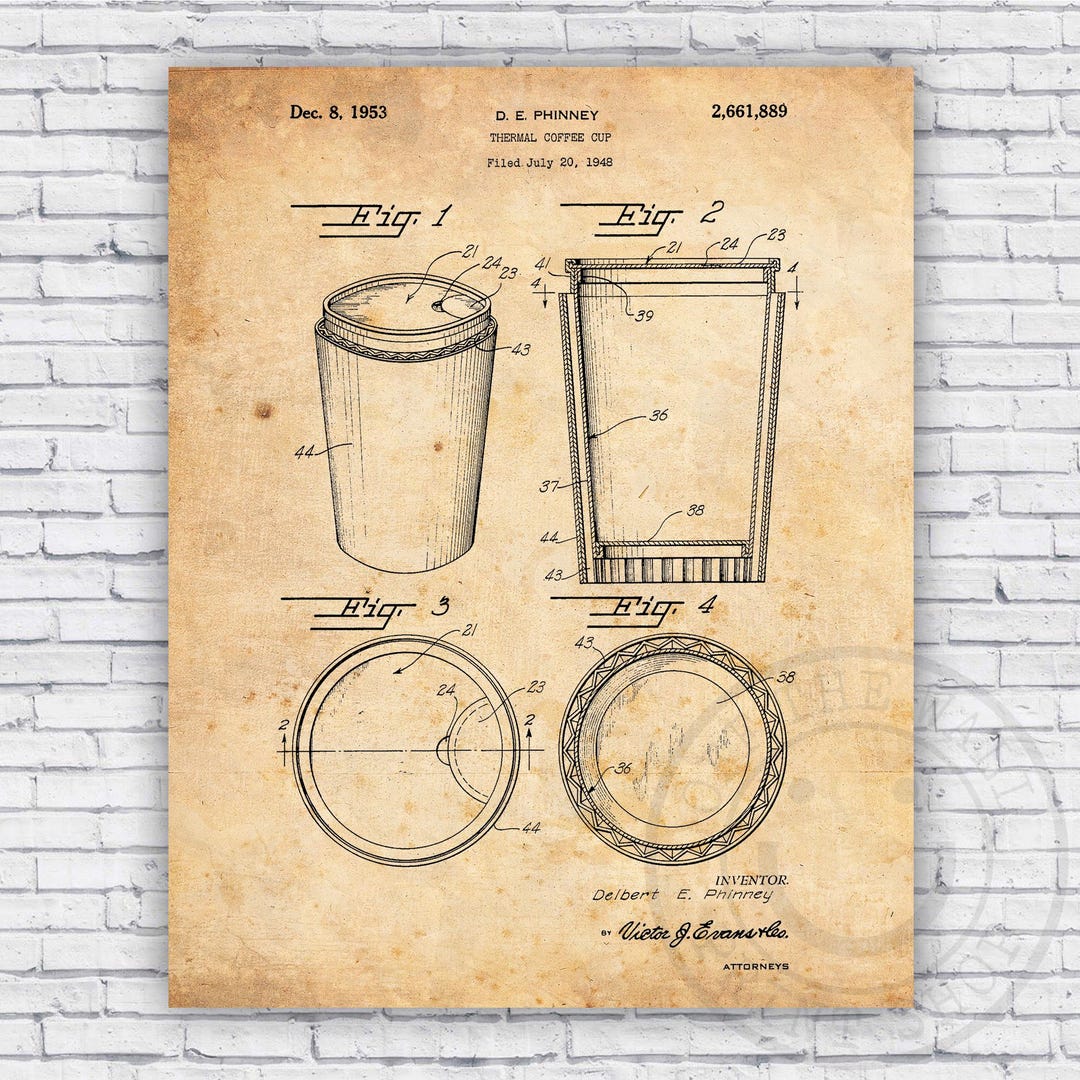 Coffee Cup Patent Blueprint - Wall Art Print Decor - Size Options - Etsy