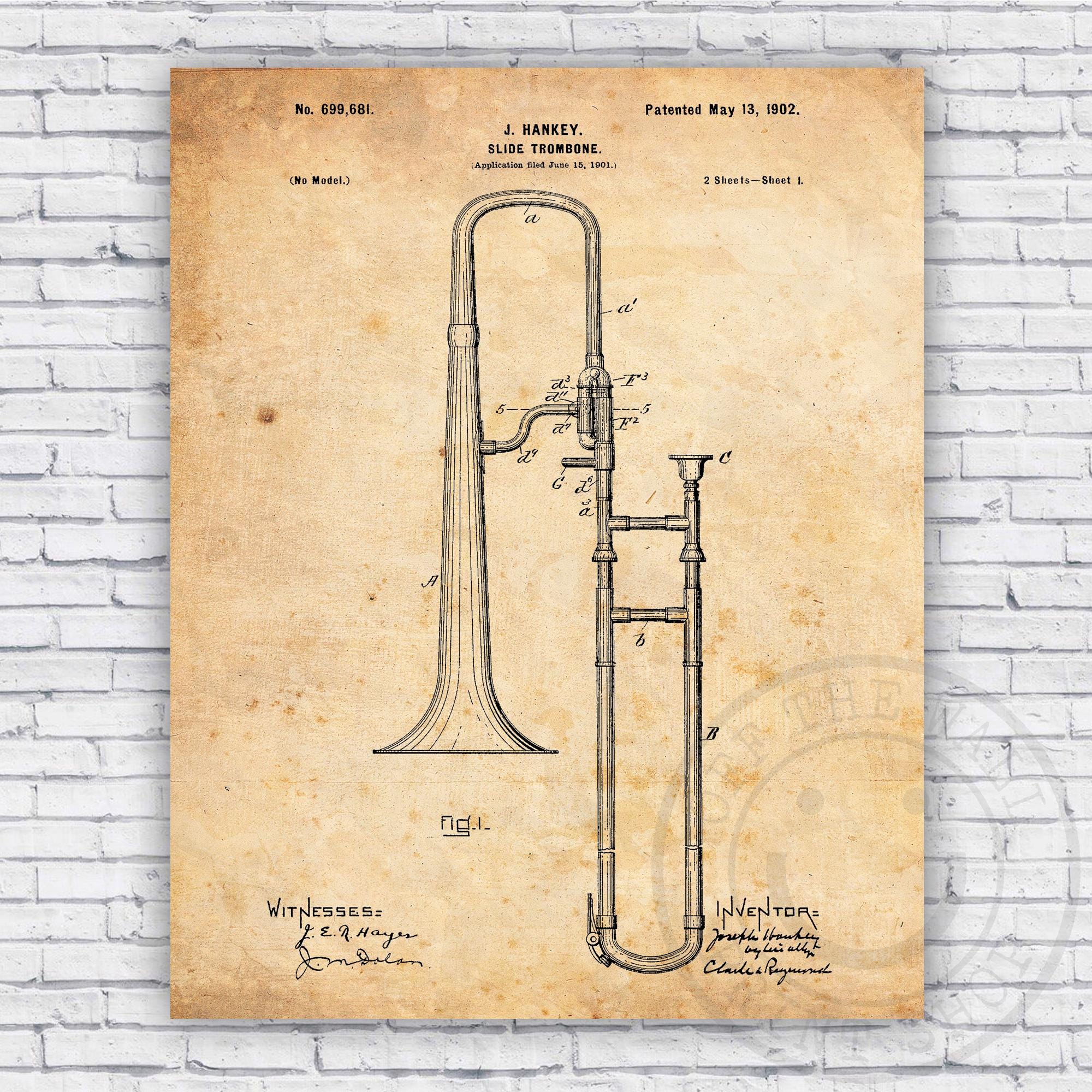 Trombone Musical Brass Instrument Patent Blueprint - Wall Art Print ...