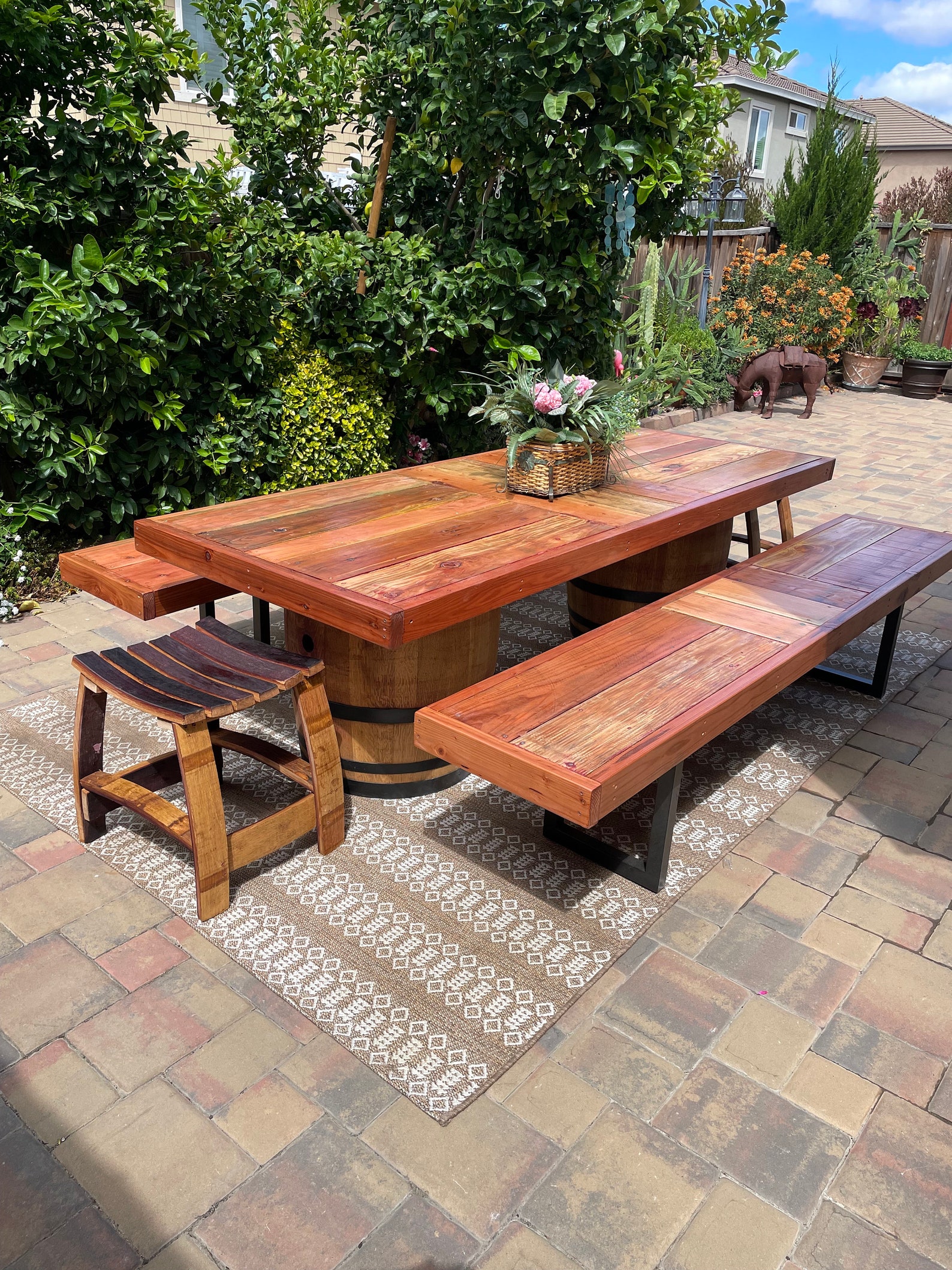Redwood Table and Bench With Iron Base - Etsy