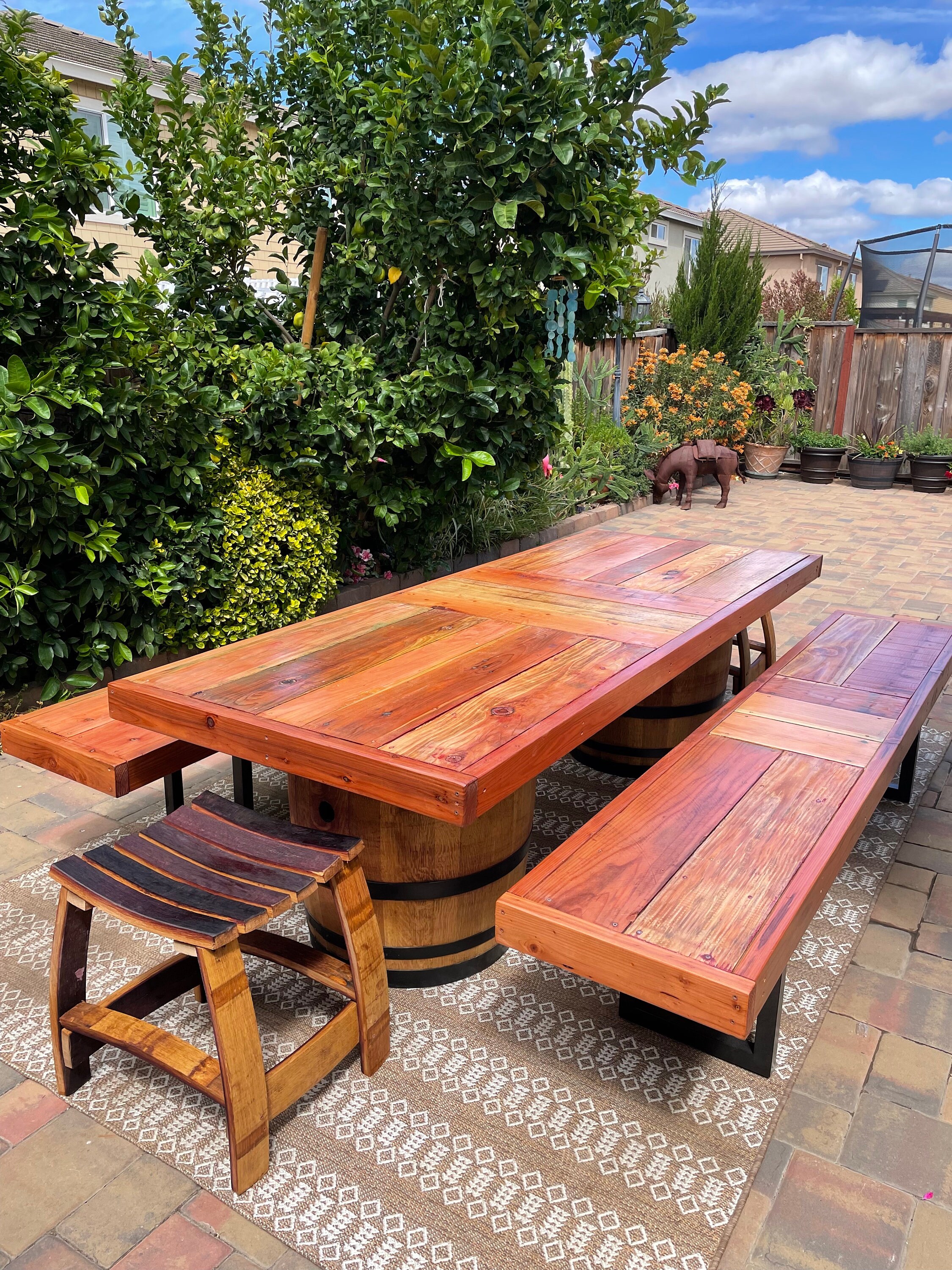 Redwood Table and Bench With Iron Base - Etsy