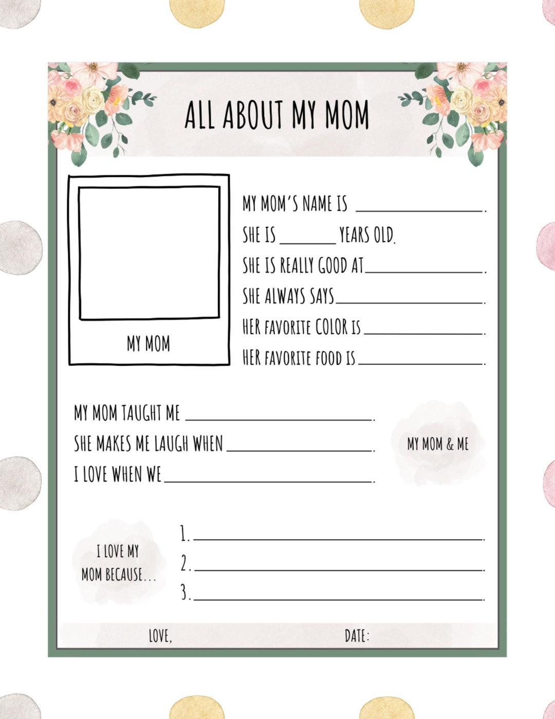 All About My Mom Printable, Customized, Mothers Day Gift, Gift for Mom ...
