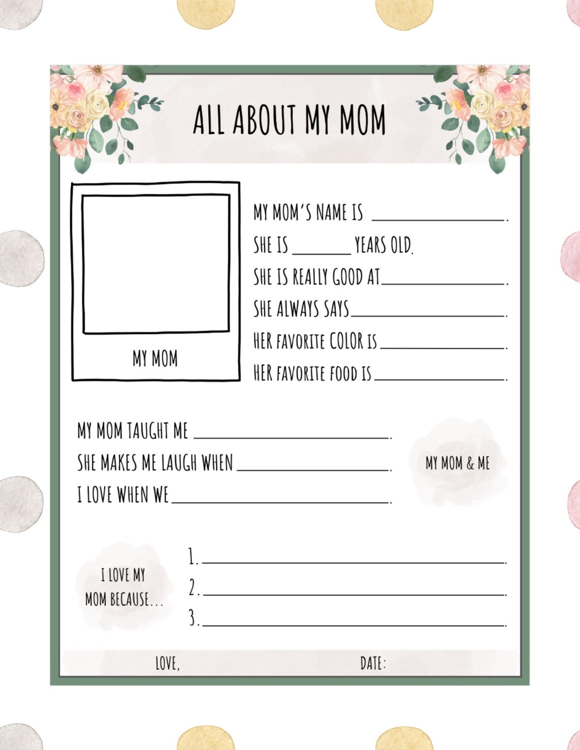 All About My Mom Printable, Customized, Mothers Day Gift, Gift for Mom ...