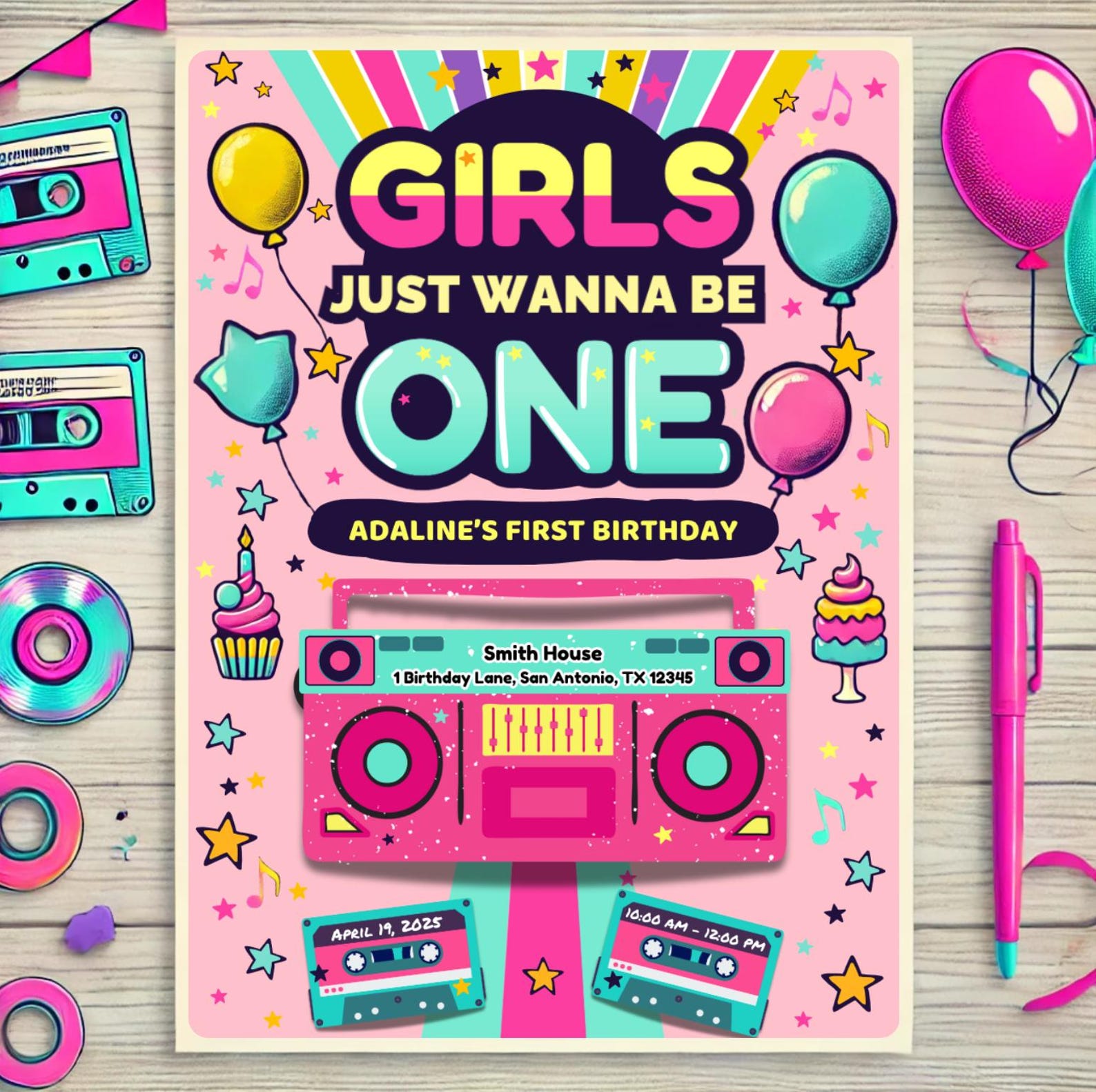 Girls Just Wanna Be One Birthday Invitation Editable Template – 1st ...