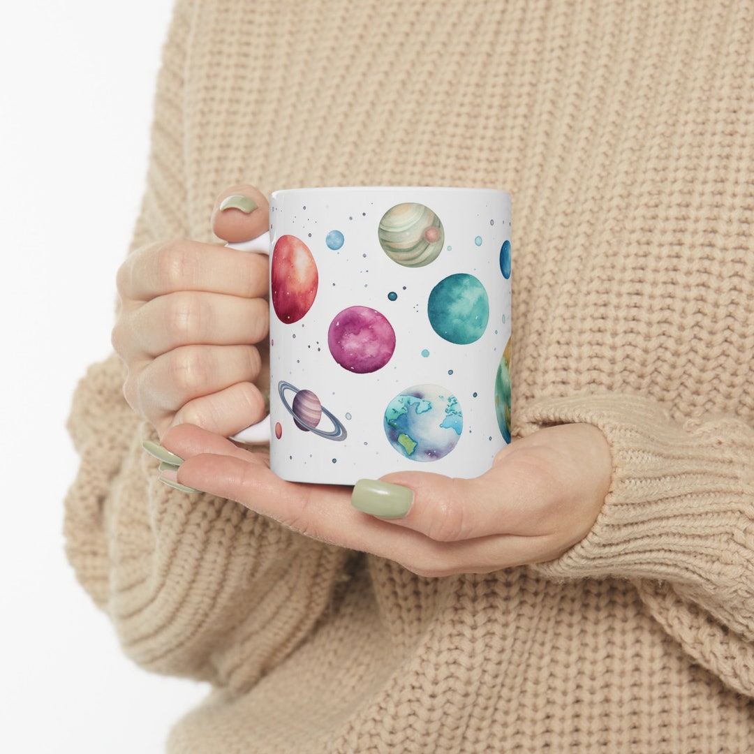 Planets Watercolor Mug, Celestial, Outer Space, Saturn, Earth, Solar ...