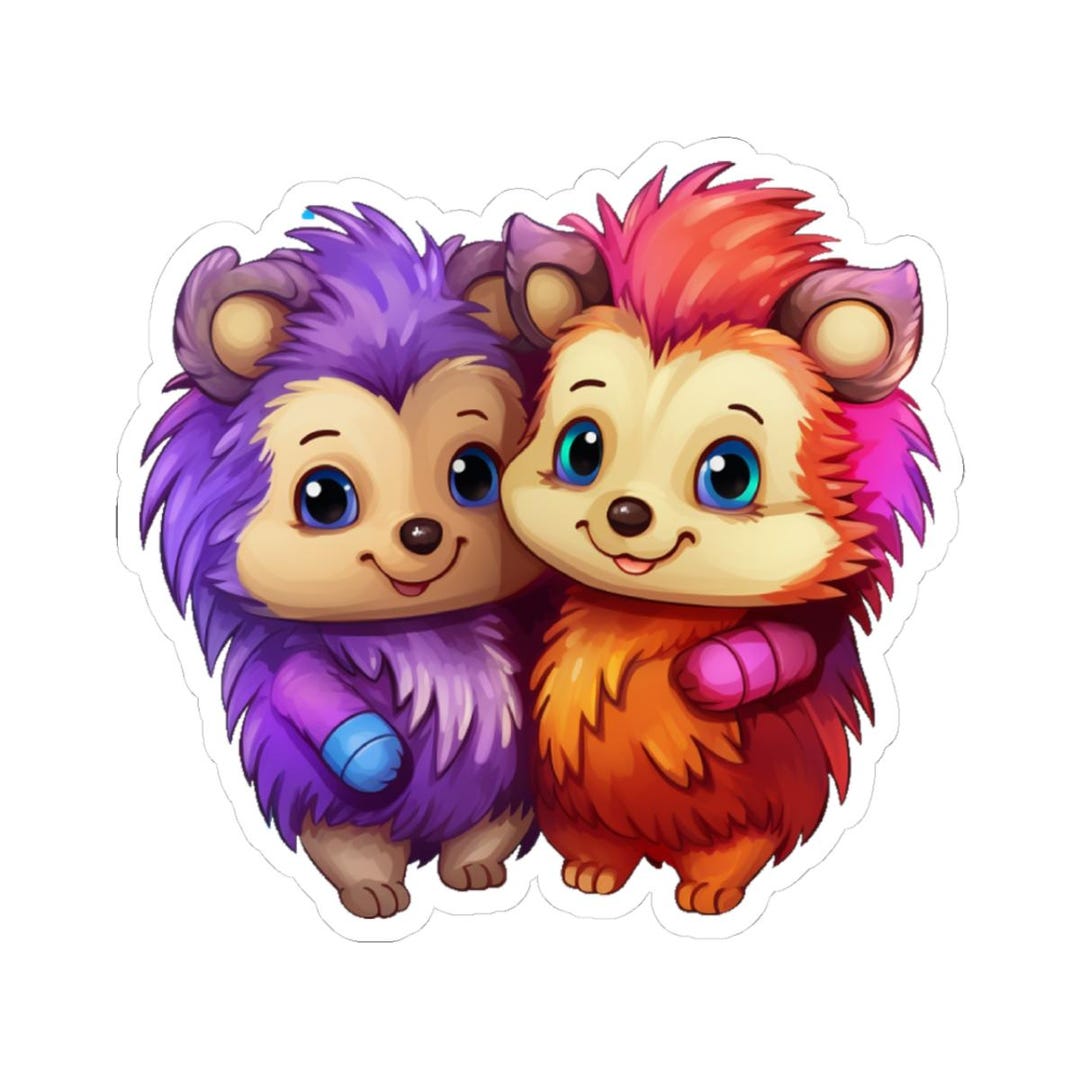 Adorable Hedge-hug: Colorful Cartoon Hedgehogs Embracing Vinyl Sticker ...