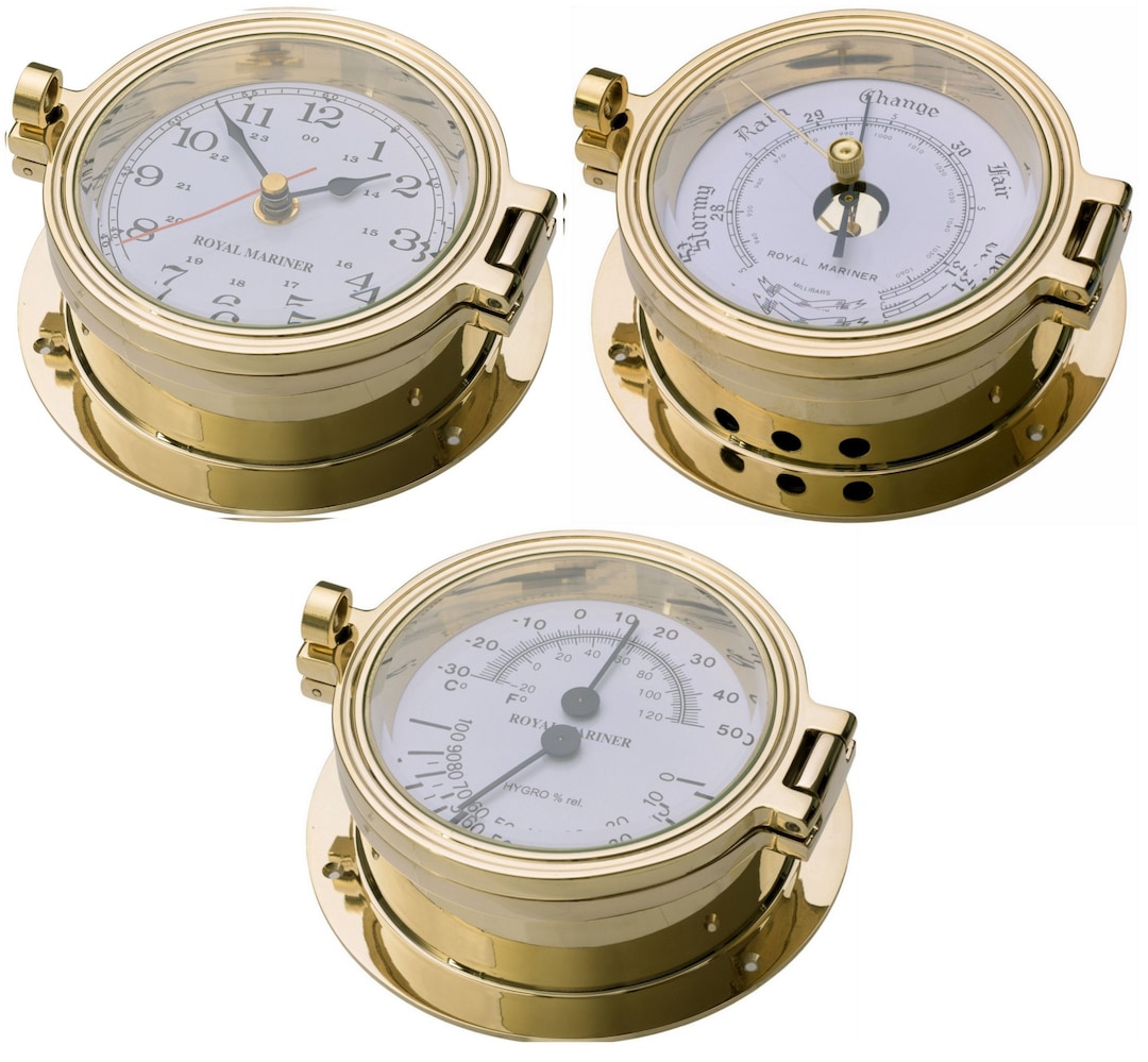 SOLID Brass Clock Barometer Thermometer Hygrometer 2.25kg 5lb 116mm 4 ...
