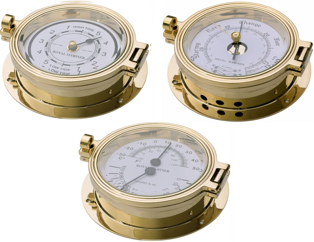 140 Mm 5.5in Diameter, Quiet Brass Tide Clock Barometer Thermometer ...
