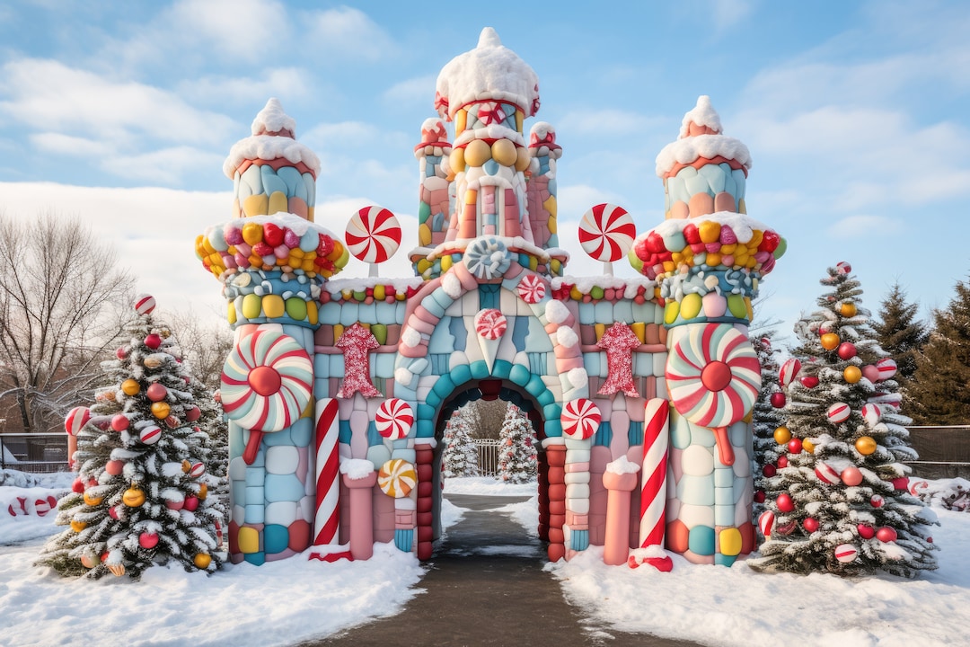 Christmas Digital Backdrop Bright Candyland Village Background, Pastel ...