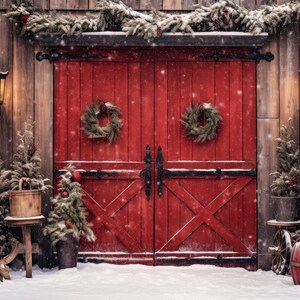 Christmas Backdrop Red Barn Double Doors Digital Backdrop Family Photo Card Composite Photoshop ...