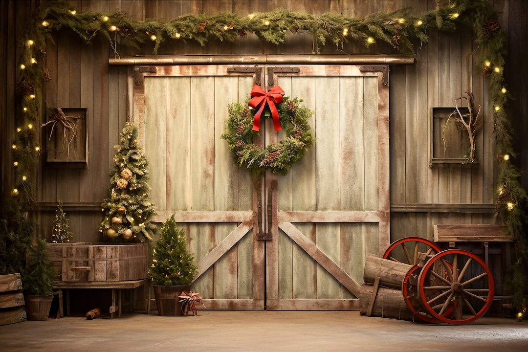 Christmas Backdrop Wood Barn Holiday Doors Digital Backdrop, Family Photo Card Composite ...