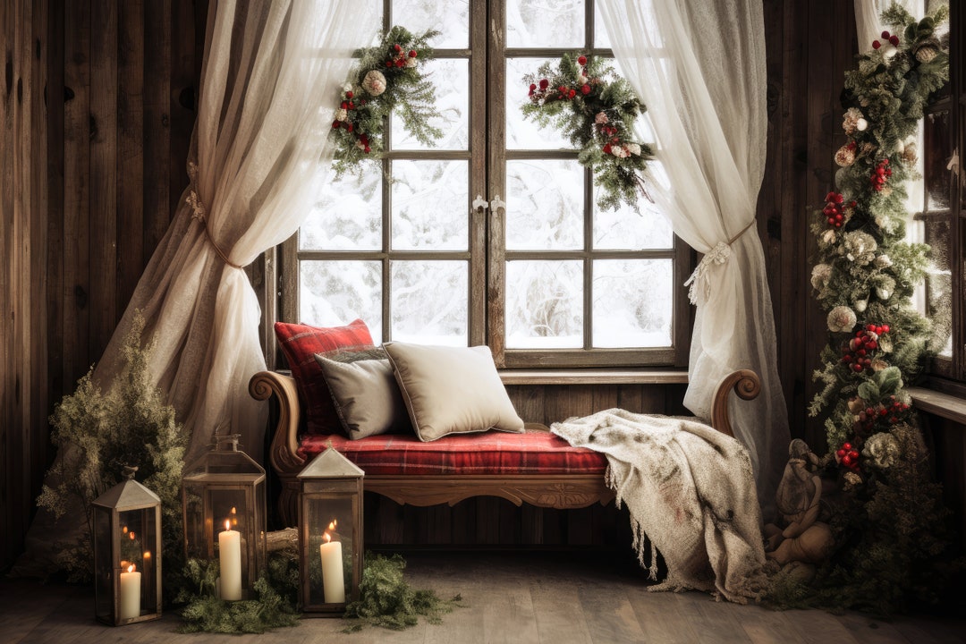 Charming Christmas Seat Digital Backdrop, Bench With Vintage Decor ...