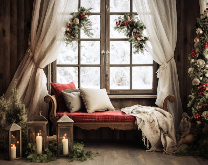 Christmas Window Digital Backdrop Big Window With Santa in Moon Window ...