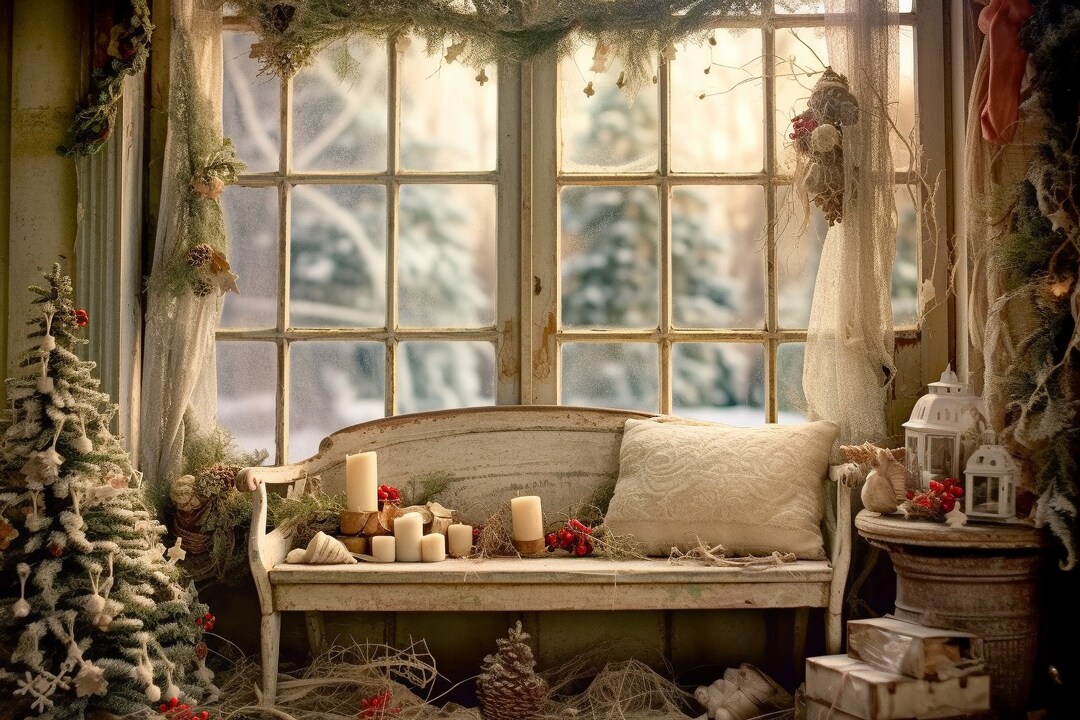 Christmas Farm House Seat Digital Backdrop, Bench With Decor Digital ...