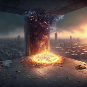 Destroyed Building on Fire Superhero Digital Background Digital ...