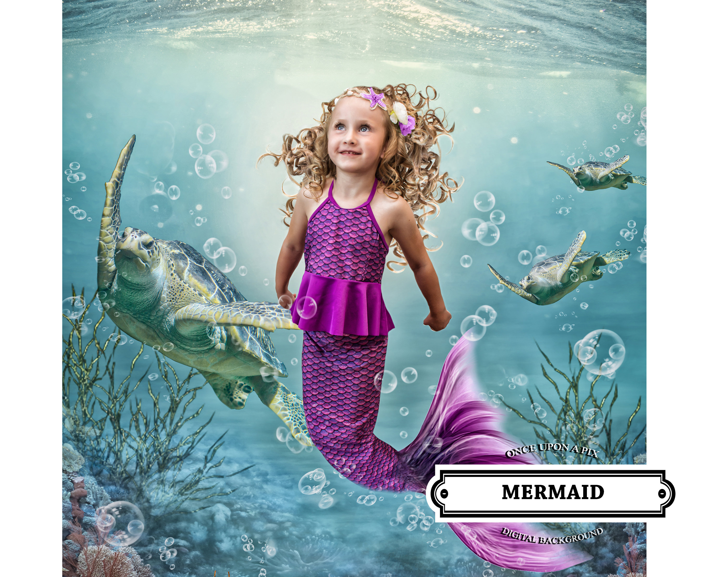 Mermaid Digital Background, Swimming Mermaid Backdrop, Turtle ...