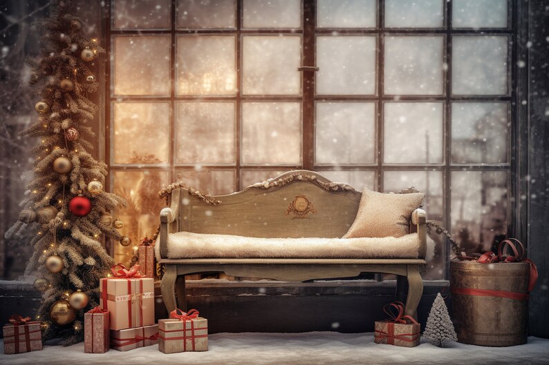 Digital Backdrop Christmas, Snowy Wood Bench Textured Digital Christmas ...