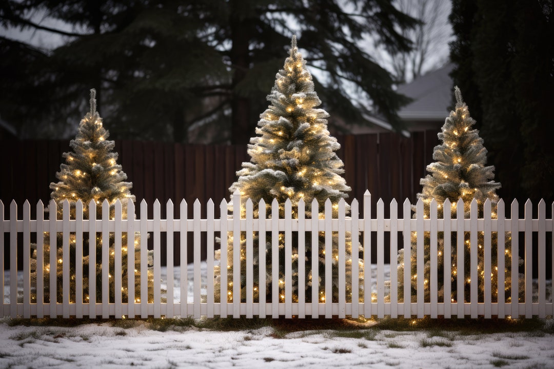 Digital Backdrop Christmas, Picket Fence With 3 Trees Digital Christmas ...