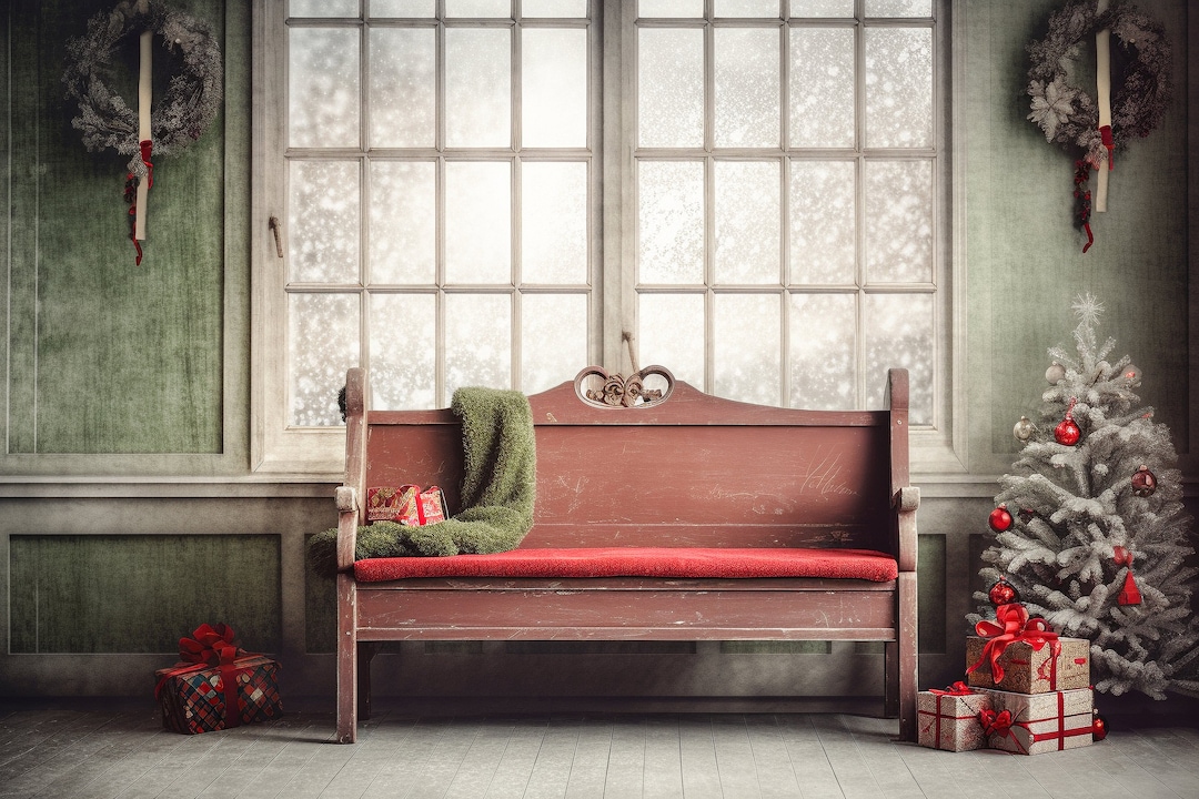 Christmas Focal Seat Digital Backdrop, Red Wood Bench Digital ...