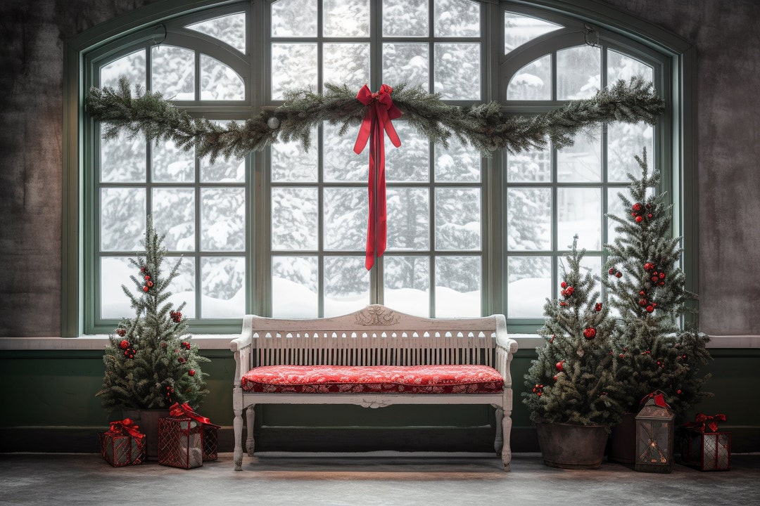 Digital Backdrop Christmas Morning Wood Bench Digital Christmas ...