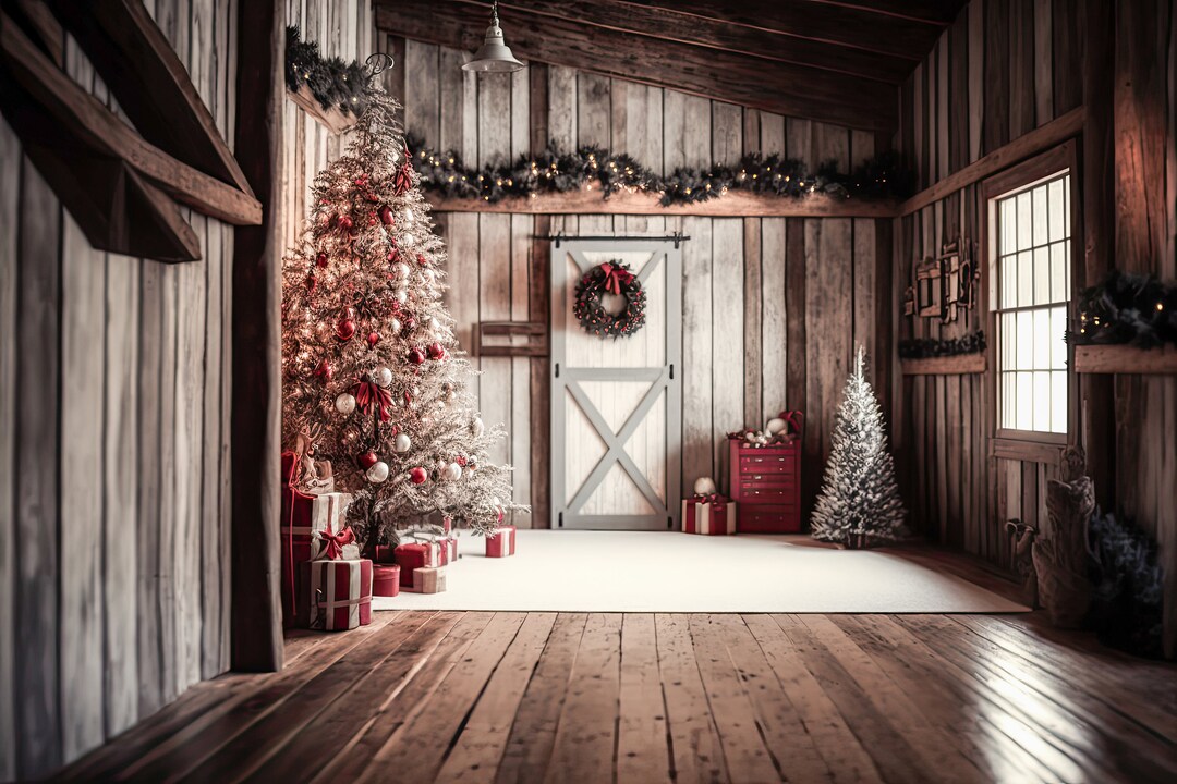 Christmas Digital Backdrop Christmas Tree Vintage Farm Room Background ...