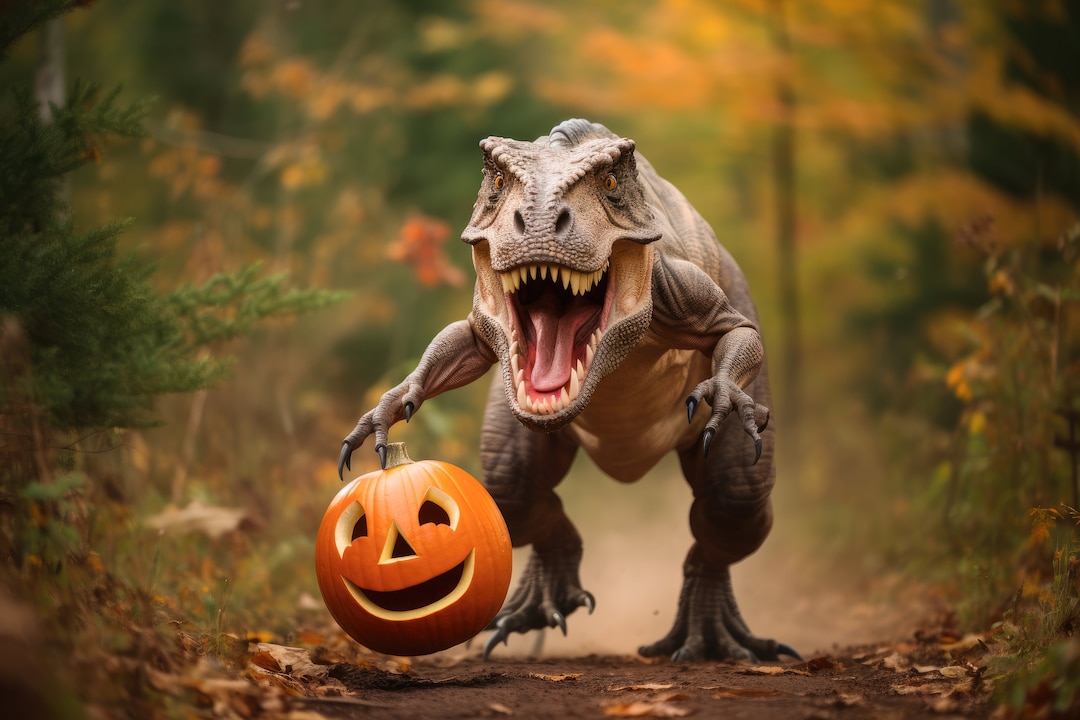 T-rex Halloween Digital Backdrop Dinosaur Digital Background, Pumpkin ...