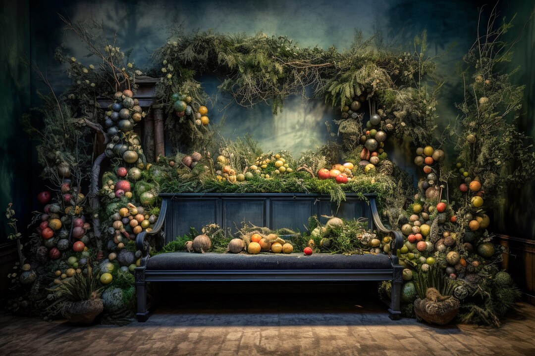 Christmas Harvest Seat Digital Backdrop, Bench With Decor Digital ...
