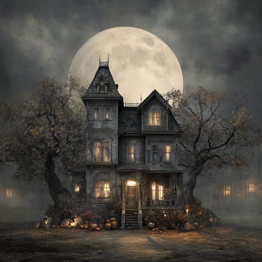 Digital Backdrop Halloween Haunted House Background, Digital Moon ...
