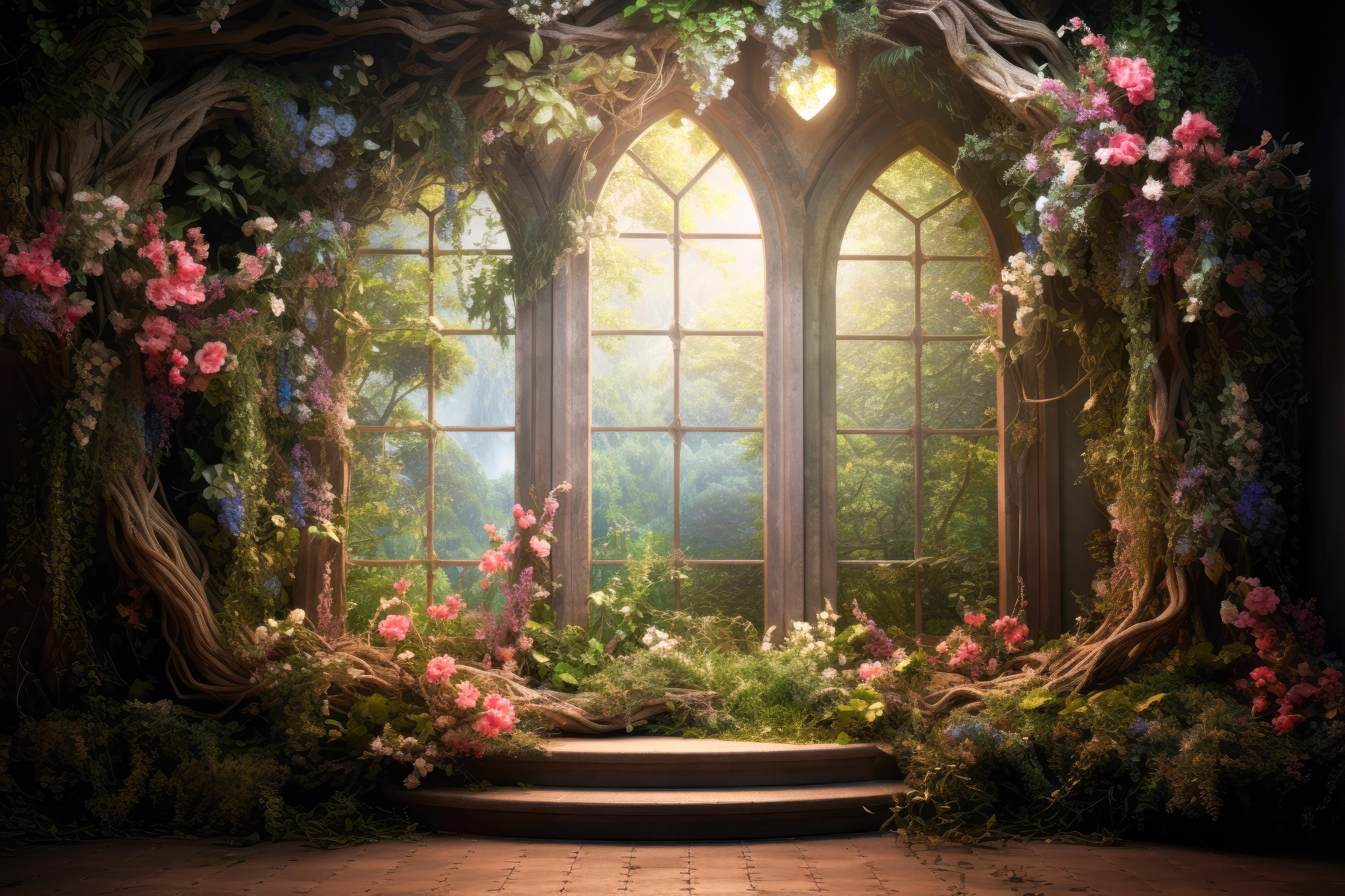 Tri Window Digital Background Floral Digital Backdrop Sparkle Fairy ...