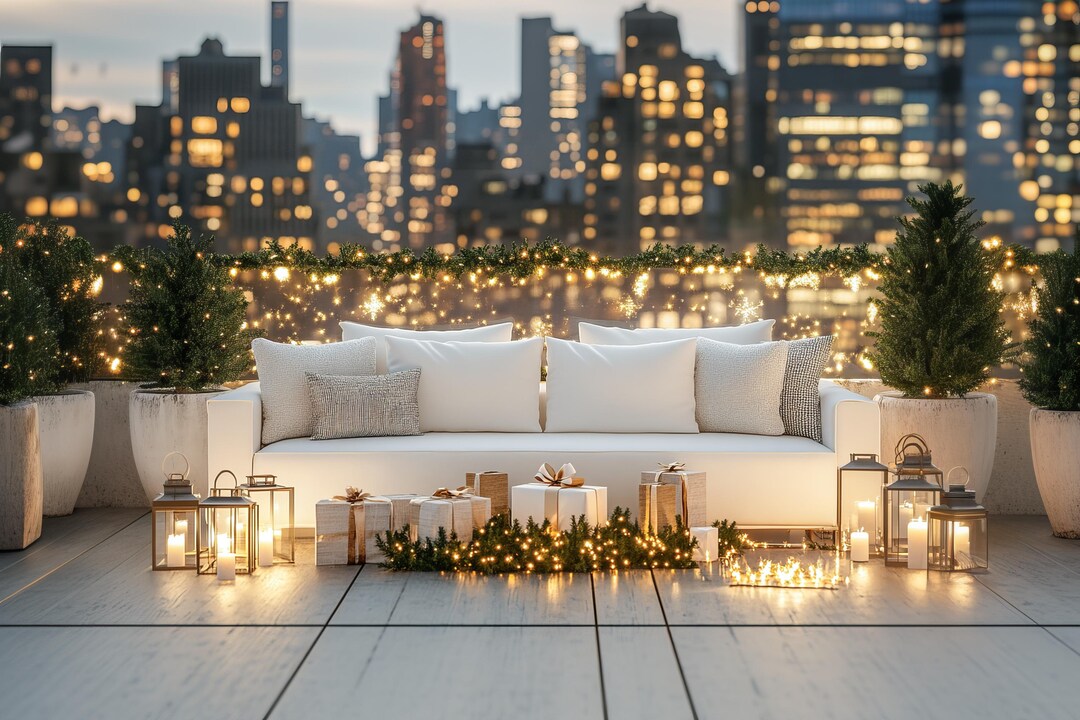 Modern City Holiday Digital Backdrop Classy White Couch Christmas ...