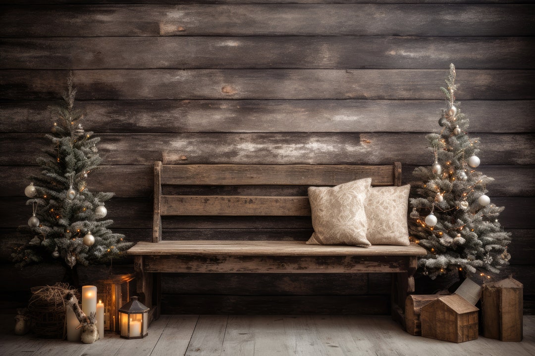 Digital Backdrop Christmas, Rustic Cabin Wood Bench Digital Christmas ...