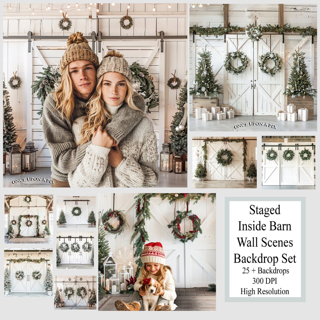 Christmas Digital Background Bundle Photography White Barn Farm Snow ...