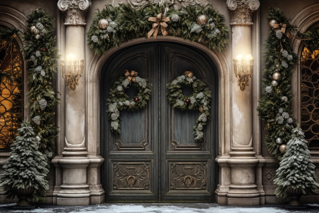 Christmas Backdrop Holiday Doors Digital Backdrop, Family Photo Card ...