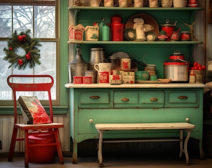 Vintage Bench Christmas Digital Backdrop Christmas Kitchen, Baking ...