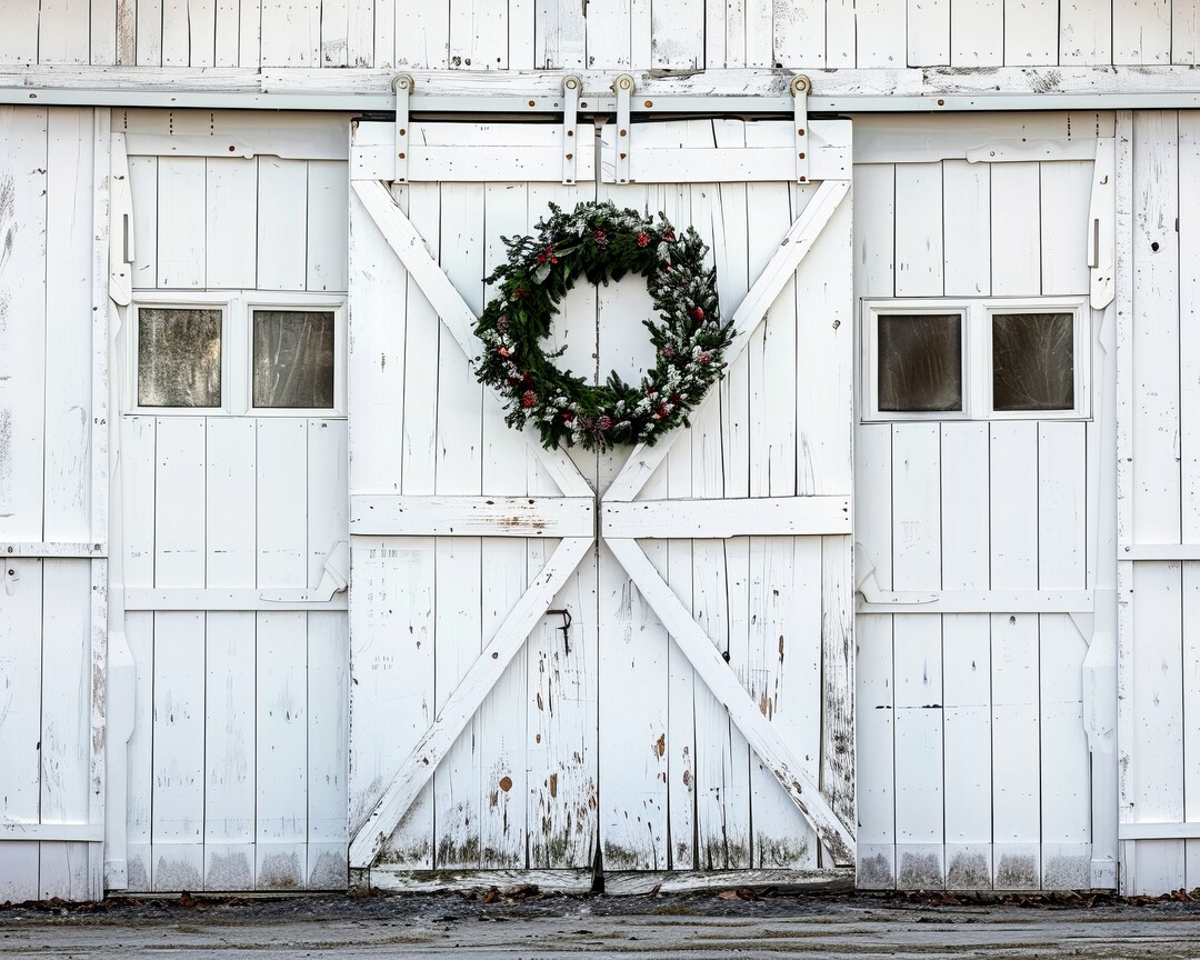 Christmas Backdrop, Sliding Door Barn Wall Digital Background White ...