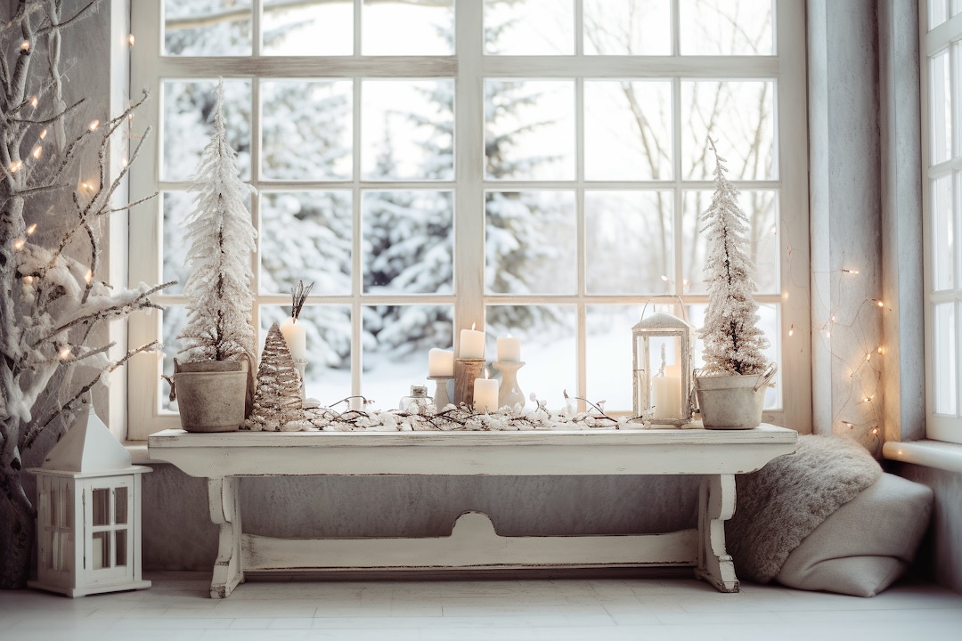 Digital Backdrop Christmas, Formal White Wood Bench Digital Christmas ...